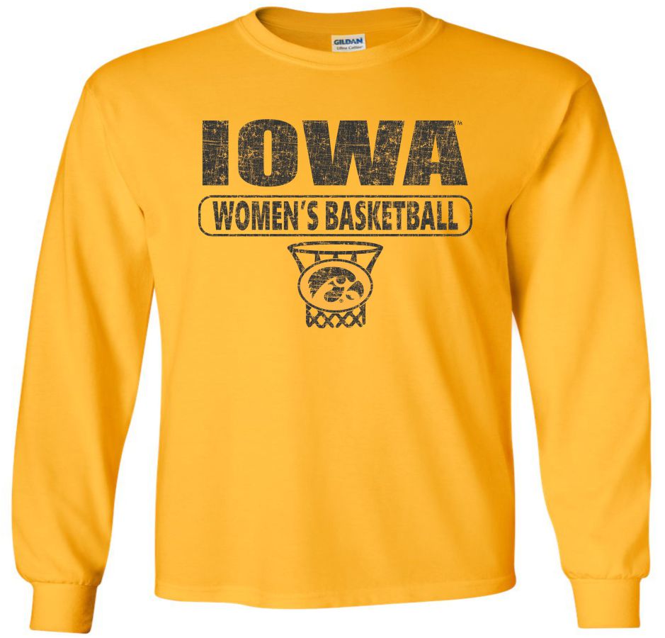 Iowa Women's Basketball with Oval Tigerhawk in Net - Gold Long Sleeve ...