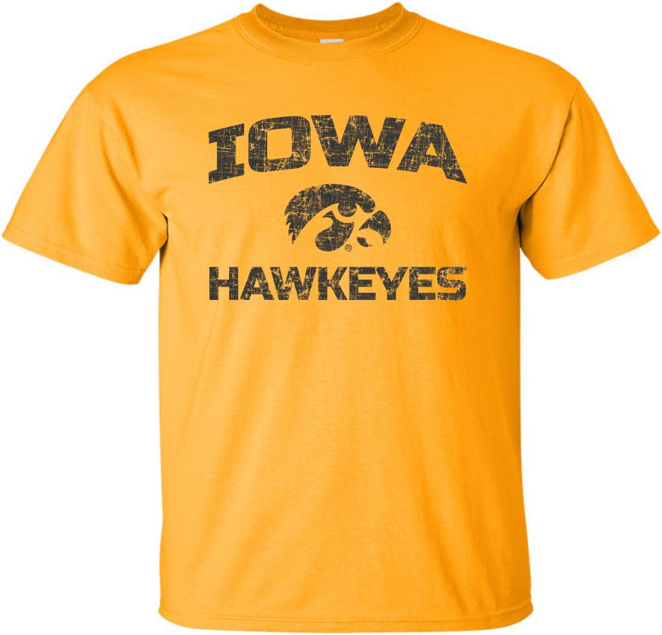 Arched Iowa Hawkeyes with Tigerhawk - Gold t-shirt| Flexy Threads